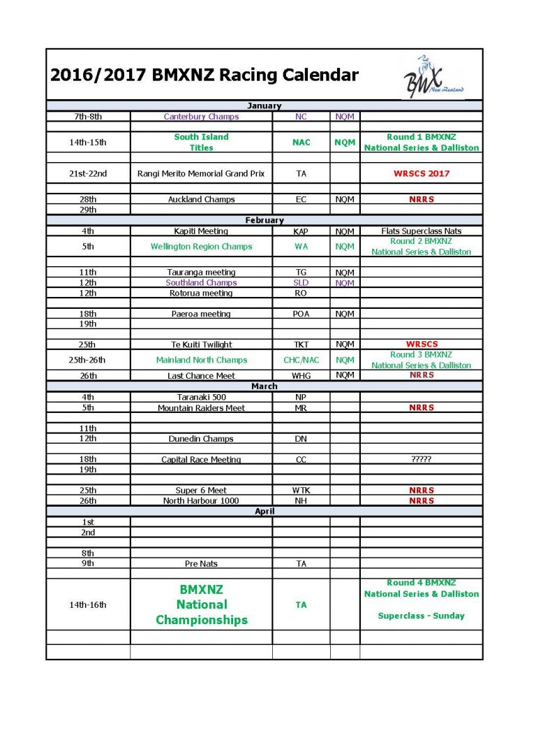 2016-2017 BMXNZ Race Calendar - BMX.NET.NZ