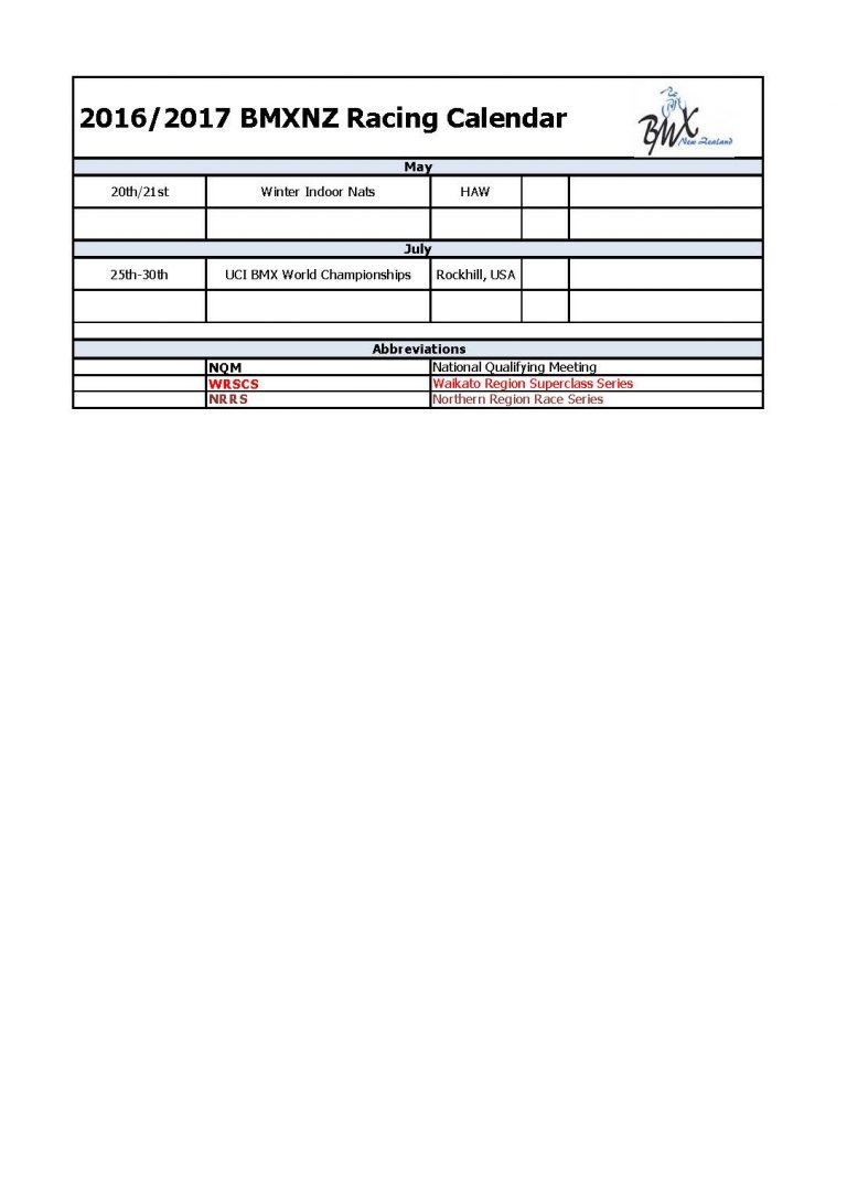 2016-2017 BMXNZ Race Calendar - BMX.NET.NZ